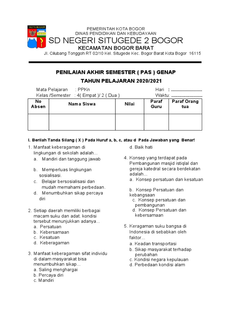 Soal Pas PPKN Kelas 4 Semester 2 | PDF