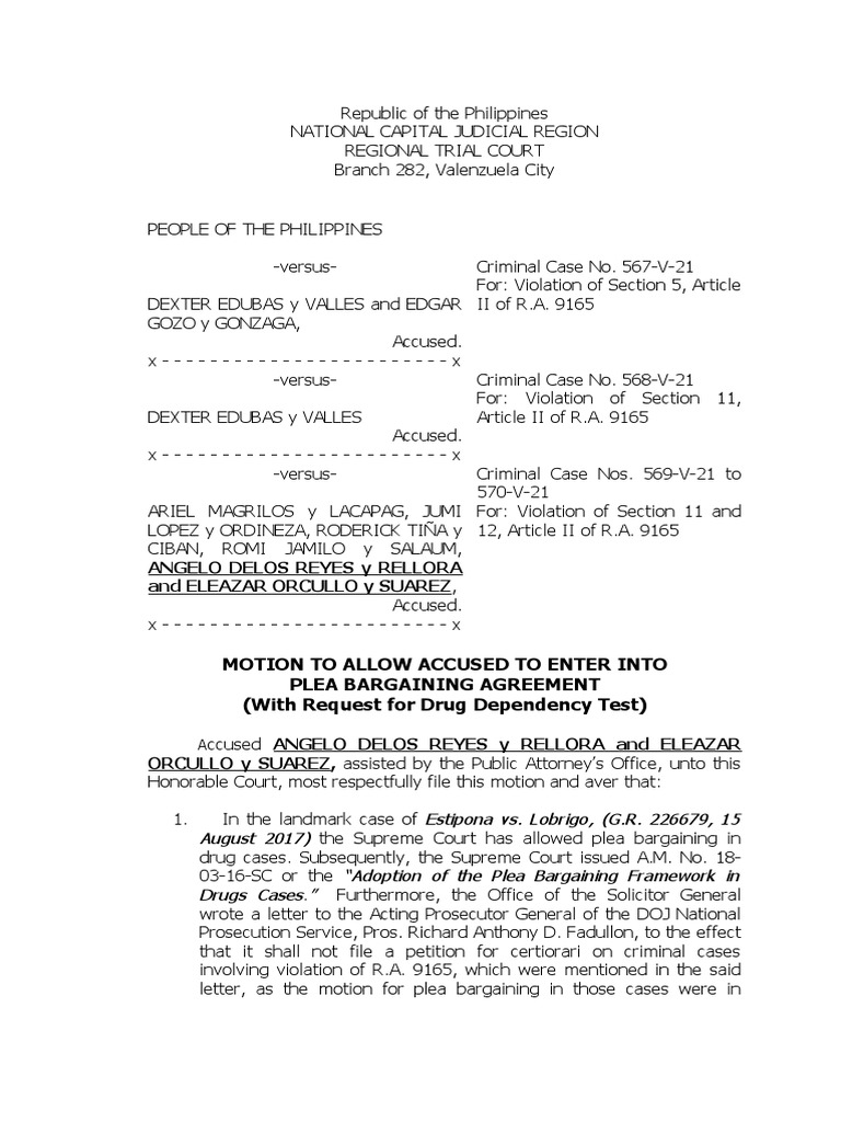Motion For Plea Bargain Delos Reyes and Orcullo | PDF | Plea Bargain | Plea
