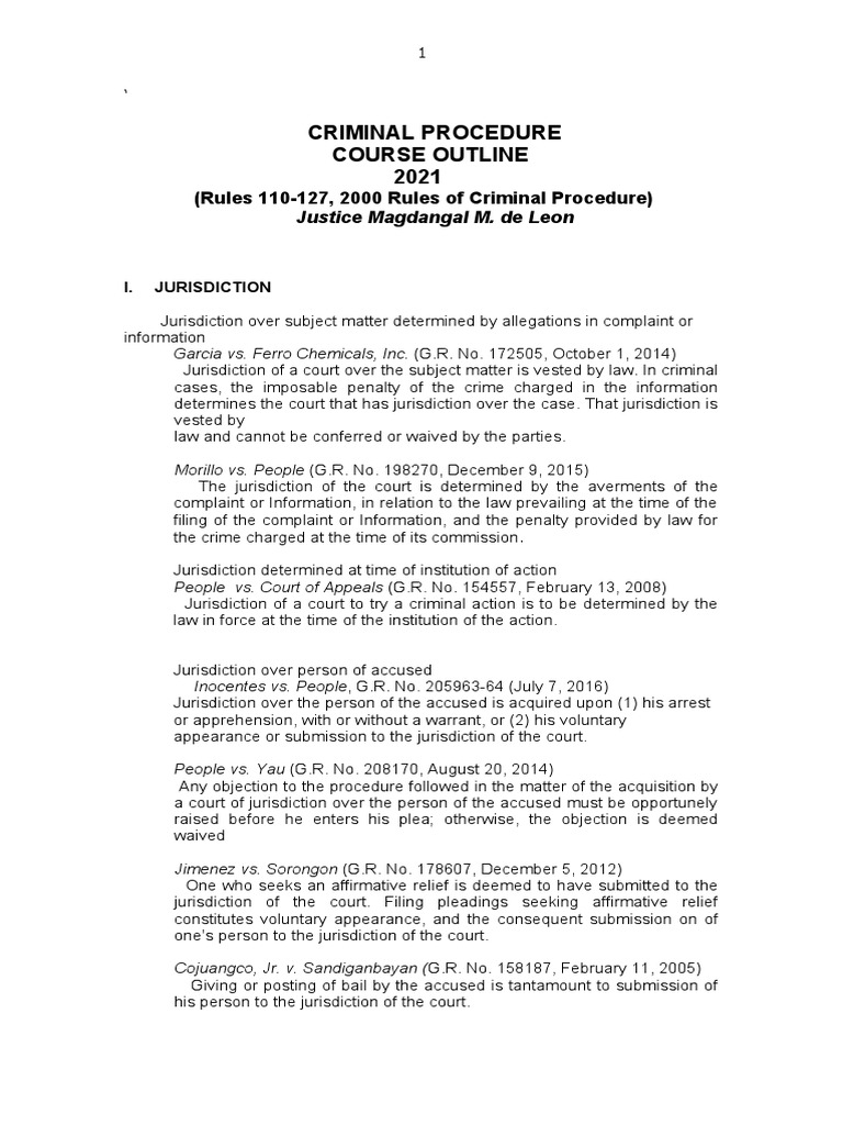Course Outline 2021: Criminal Procedure | PDF | Prosecutor | Jurisdiction