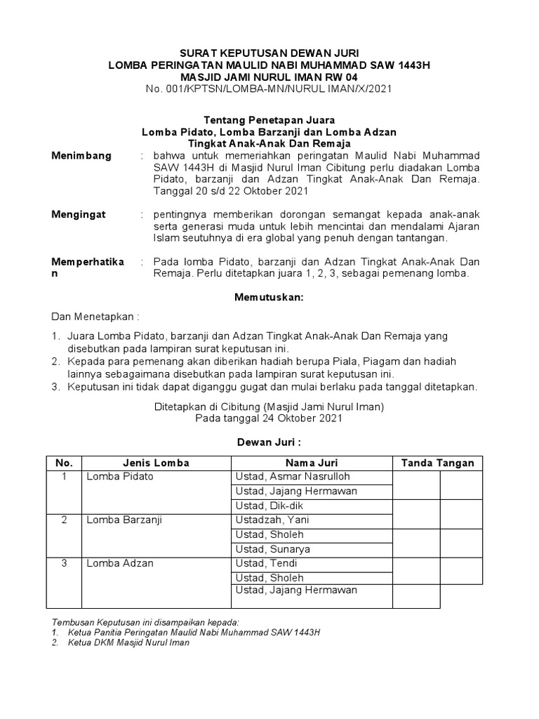 Surat Keputusan Penetapan Juara Lomba | PDF
