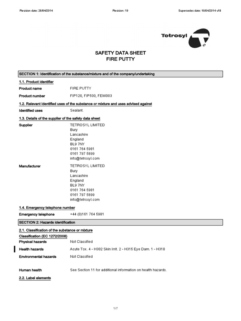 Safety Data Sheet Fire Putty: Revision Date: 28/04/2014 Revision: 19 ...