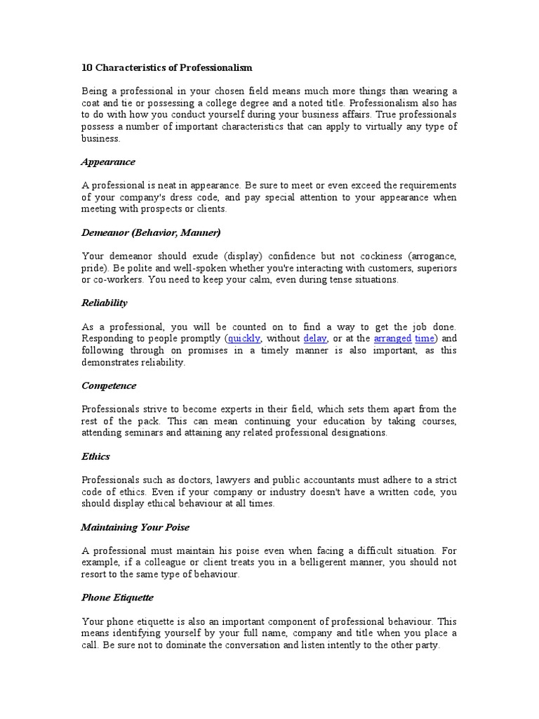 10 Characteristics of Professionalism | Download Free PDF | Etiquette ...