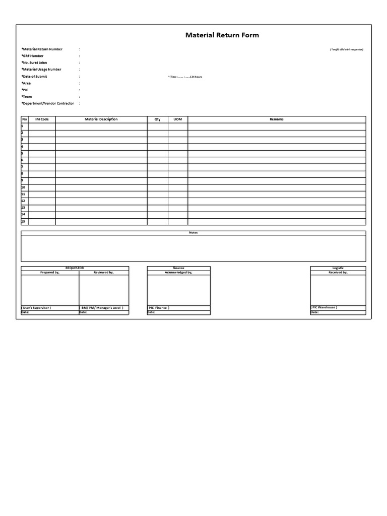 Material Return Form: (Time: ...... : ...... ) 24 Hours | PDF