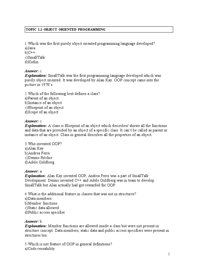 CS8392 Object Oriented Programming MCQ | Download Free PDF | Class (Computer Programming ...