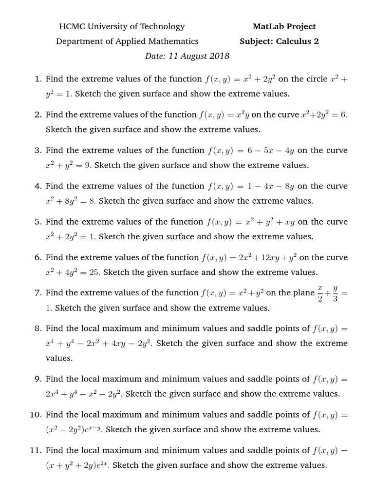 Date: 11 August 2018: Matlab Project Subject: Calculus 2 | Download Free PDF | Maxima And Minima ...