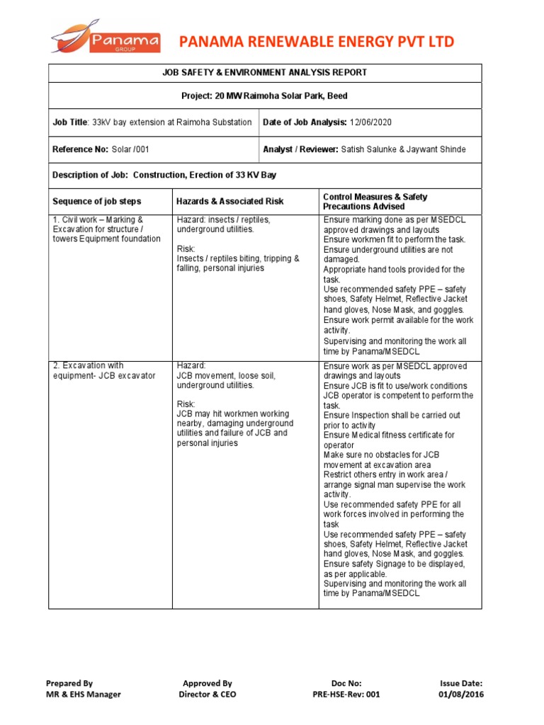 JSA of 33KV Bay - Rev001 - 15072020 | PDF | Personal Protective ...