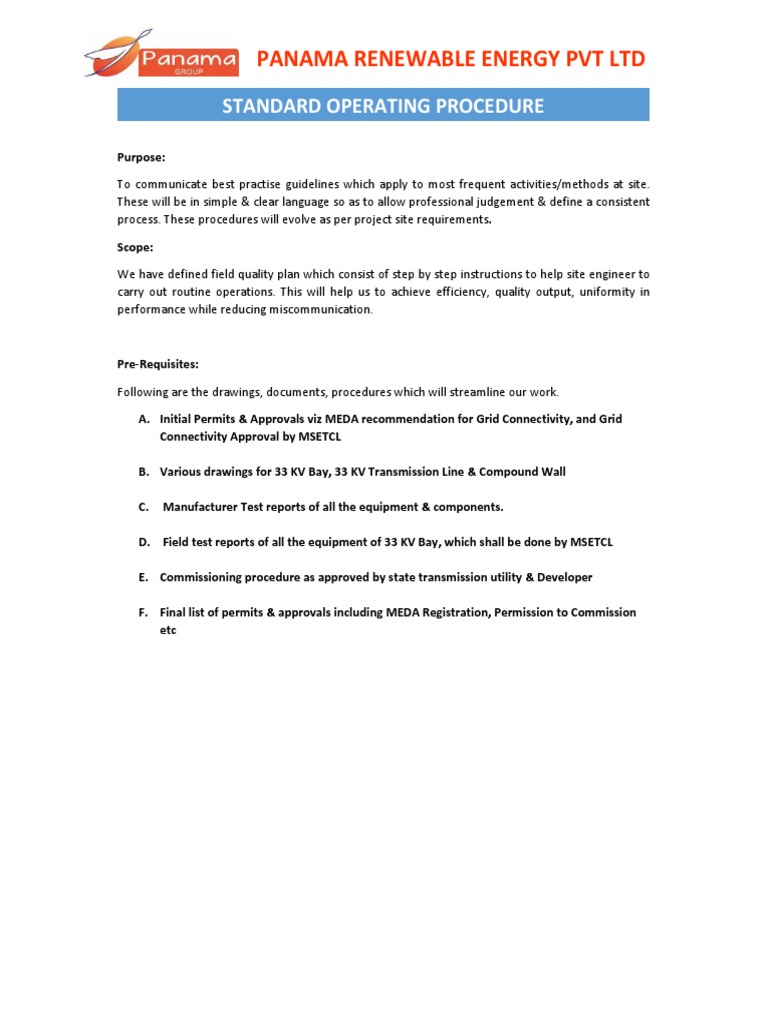 Panama Renewable Energy PVT LTD: Standard Operating Procedure | PDF ...