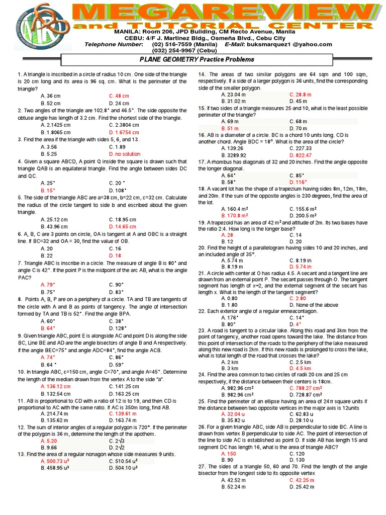 Plane Geometry Practice Problems | PDF | Triangle | Area