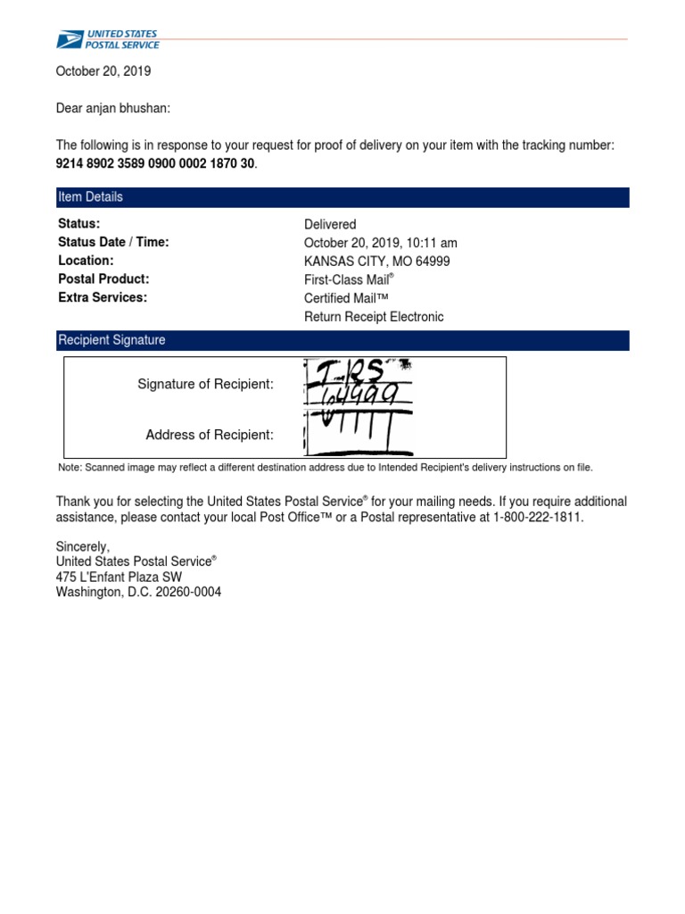 Usps Electronic Return Receipt 191021014311 | PDF