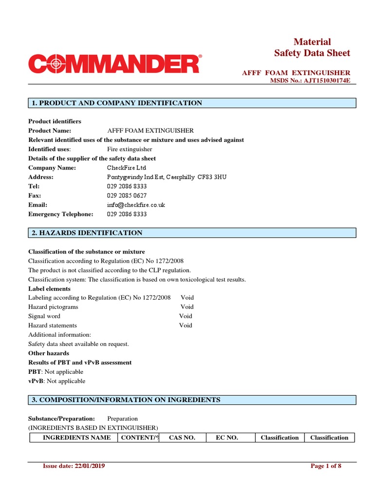 AFFF Foam Extinguisher MSDS | PDF | Toxicity | Firefighting