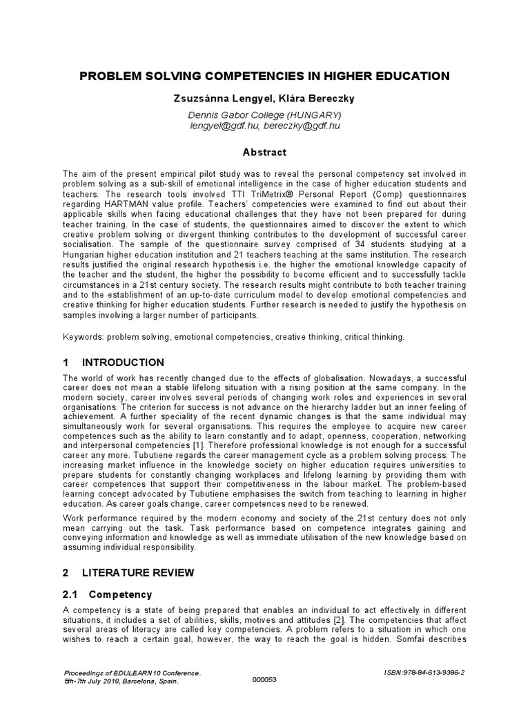 Problem Solving Competencies in Higher Education: Zsuzsánna Lengyel ...