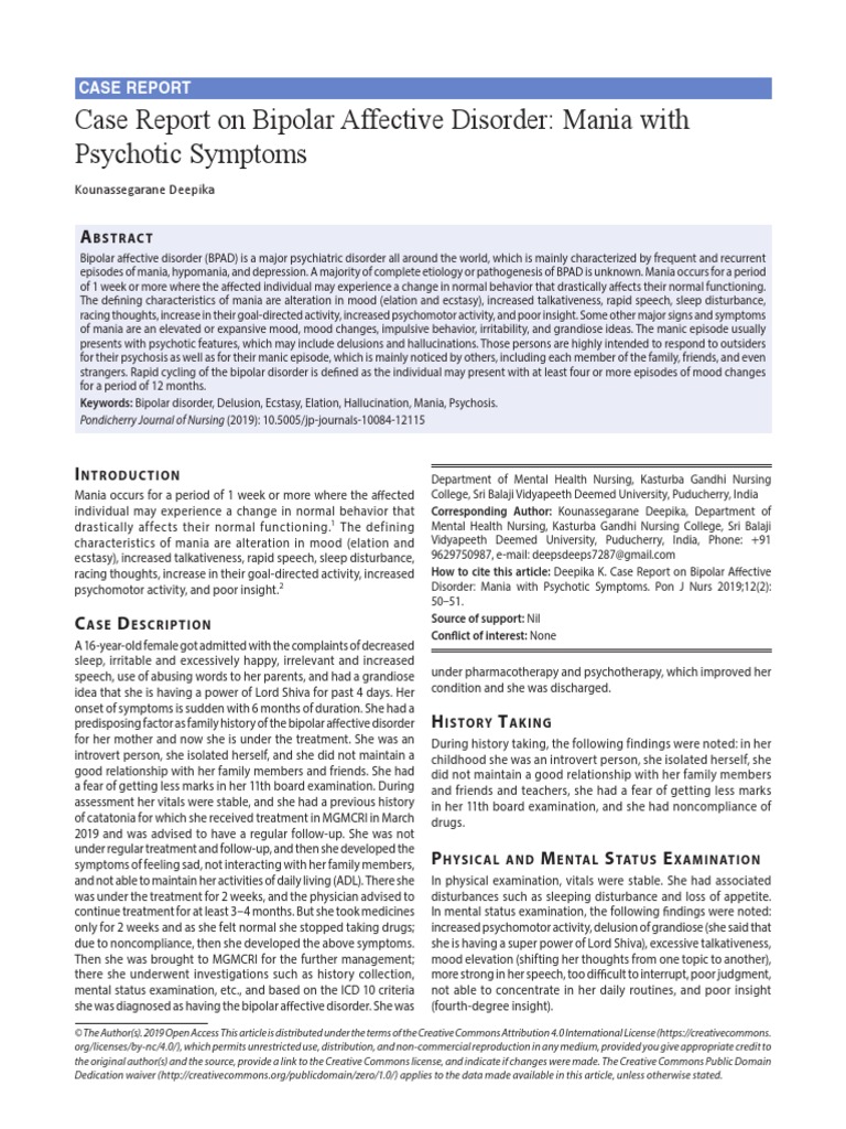 Case Report On Bipolar Affective Disorder: Mania With Psychotic ...