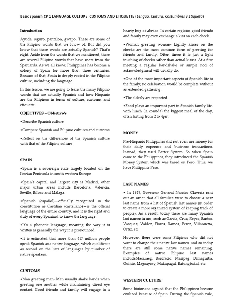 Basic Spanish CP 1 LANGUAGE CULTURE, CUSTOMS AND ETIQUETTE (Lengua ...