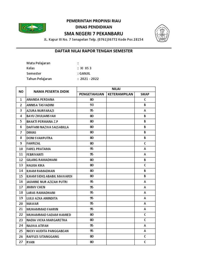 RAPOR TENGAH SEMESTER KELAS XI SMA NEGERI 7 PEKANBARU | PDF