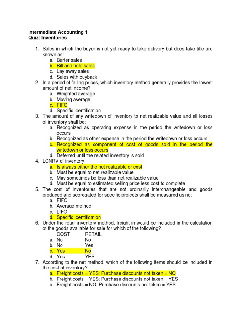 Intermediate Accounting 1 - Quiz On Inventories | PDF | Inventory ...