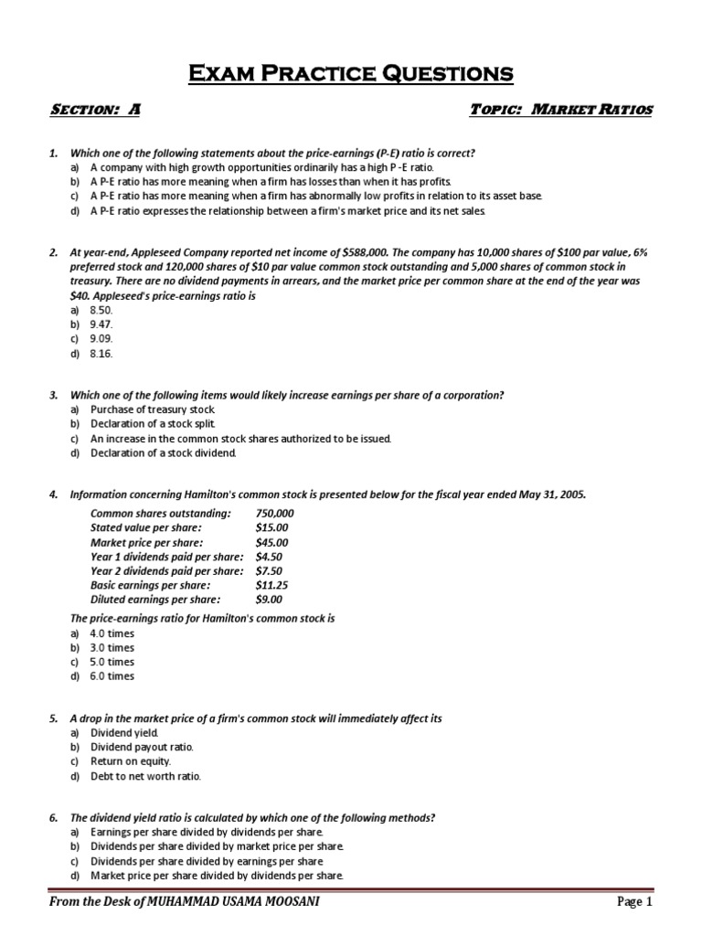 Market Ratios Exam Practice Questions | PDF | Dividend | Preferred Stock