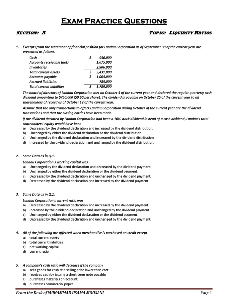 Liquidity Ratios Exam Practice Questions | PDF | Dividend | Balance Sheet