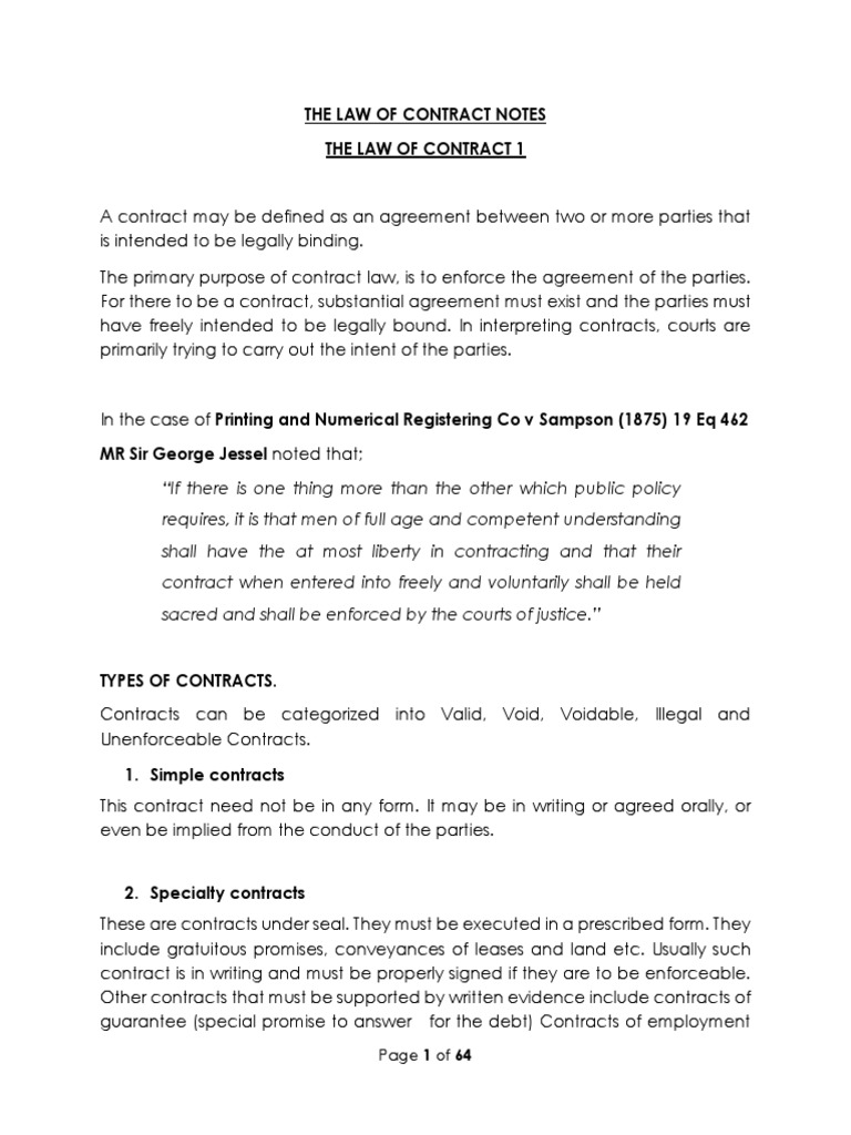 The Law of Contract Notes | PDF | Offer And Acceptance | Consideration