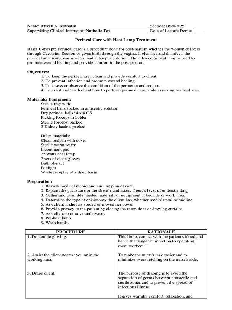 Perineal Care with Heat Lamp Therapy | PDF | Labia | Nursing