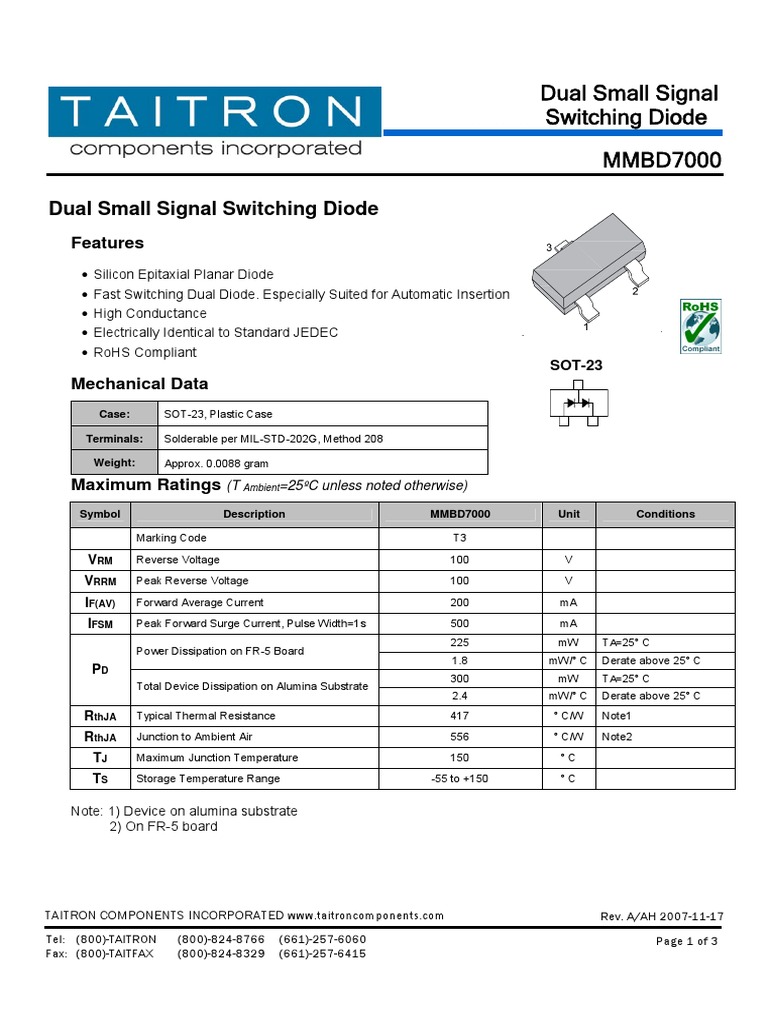 Dual Small Signal Switching Diode | PDF | Diode | Electrical Engineering