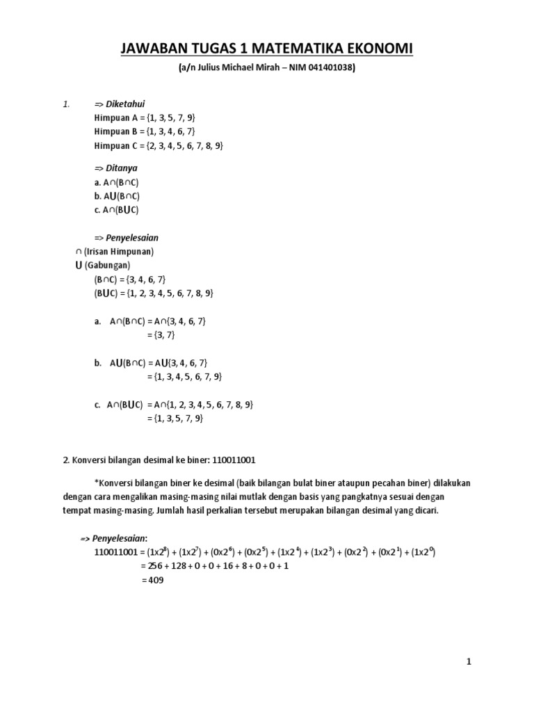 Tugas 1 Jawaban Matematika Ekonomi | PDF