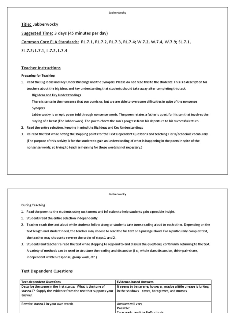 Teaching "Jabberwocky" in 3 Days | PDF | Linguistics