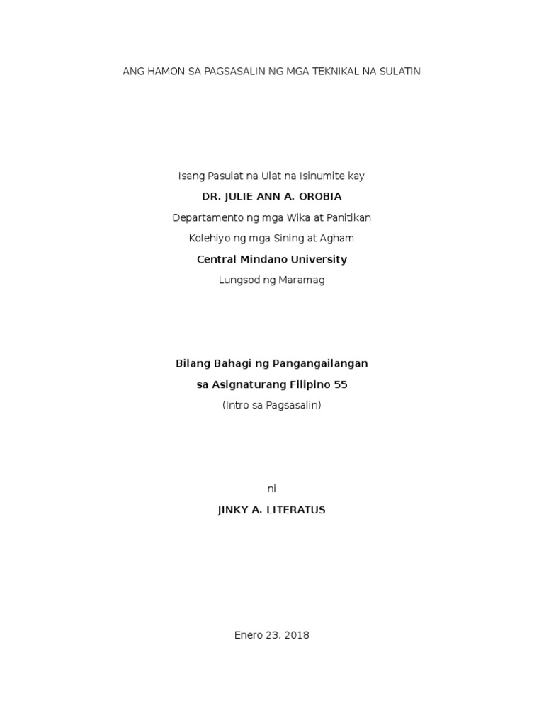ANG HAMON SA PAGSASALIN NG MGA TEKNIKAL NA SULATIN Written Report | PDF