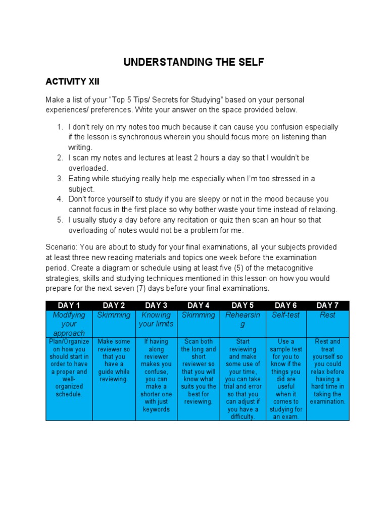 Understanding The Self: Activity Xii | PDF | Goal | Self Efficacy