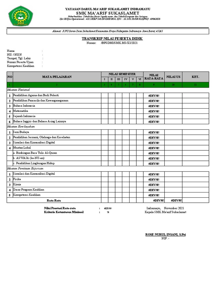 Format Transkrip Nilai SMK | PDF