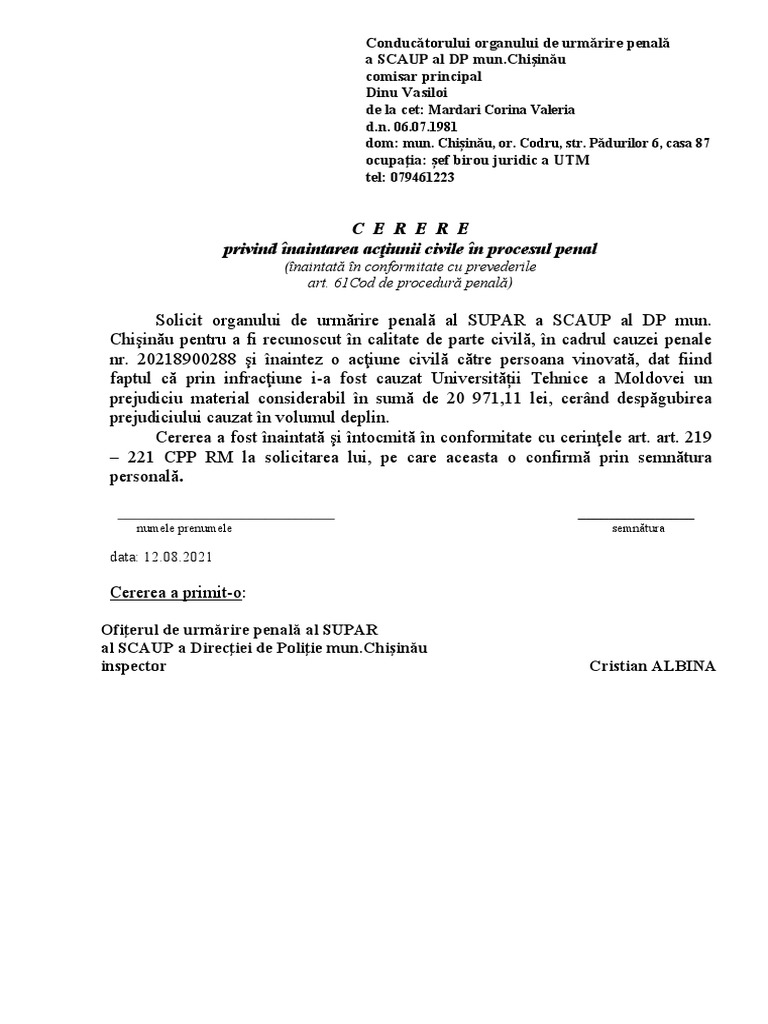 Cerere Recunoastere Parte Civila UTM | PDF