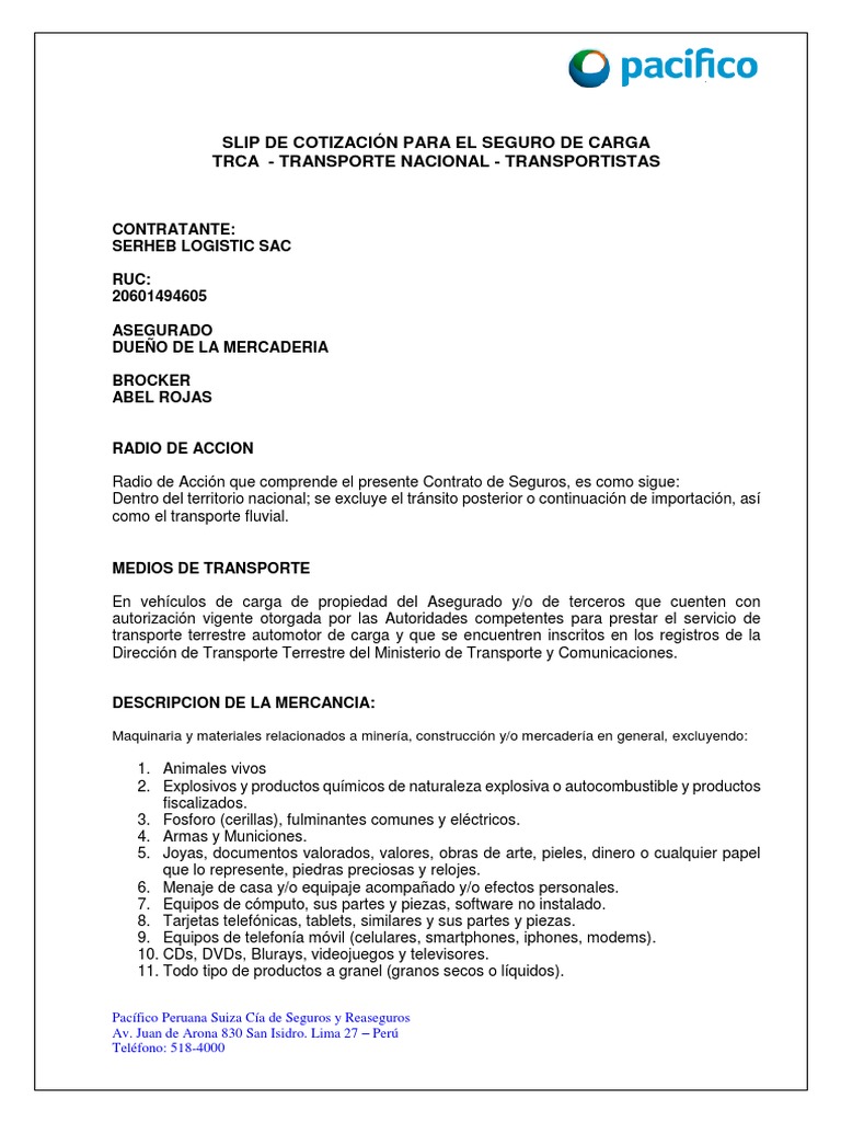 Slip Trca - Serheb Logistic Sac | Descargar gratis PDF | Póliza de seguros | Reaseguro