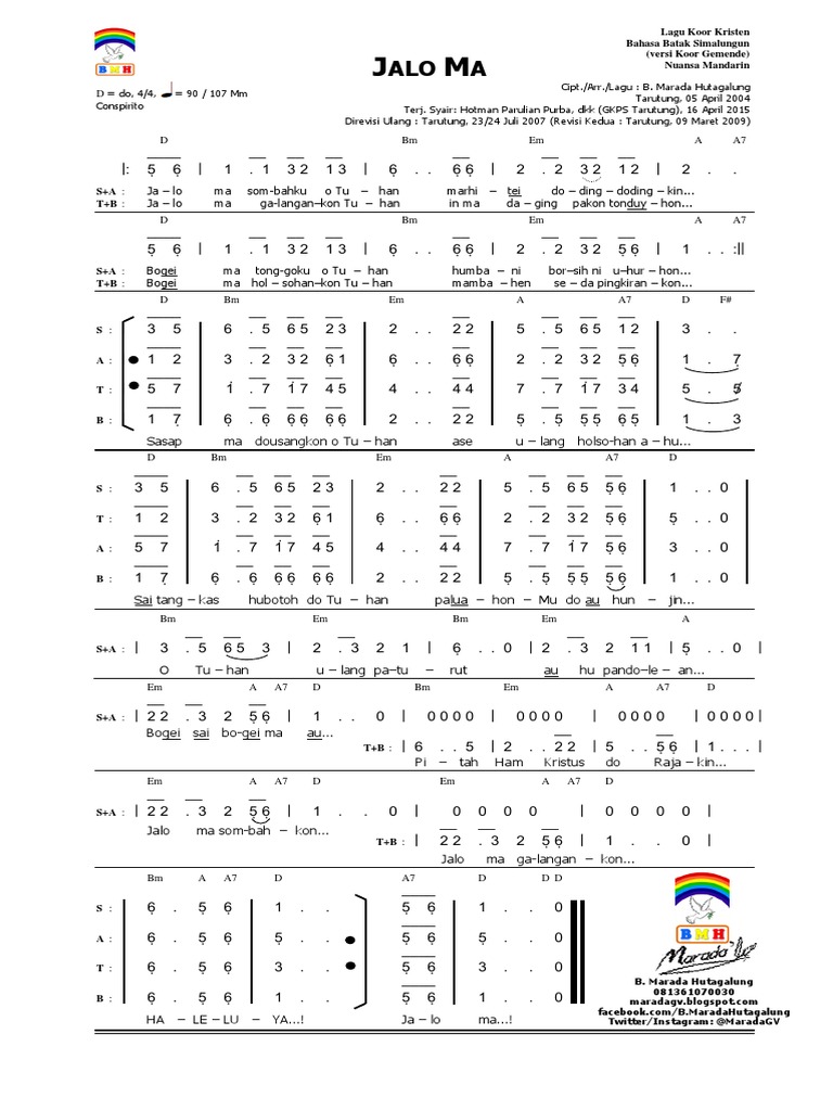 Lagu Koor Jalo Ma - Bahasa Batak Simalungun Dan Toba (Gemende, Pria, Wanita) | PDF
