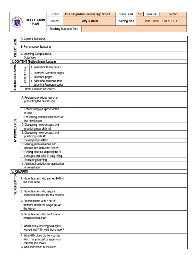 DAILY LESSON PLAN - Format | PDF | Learning | Teachers