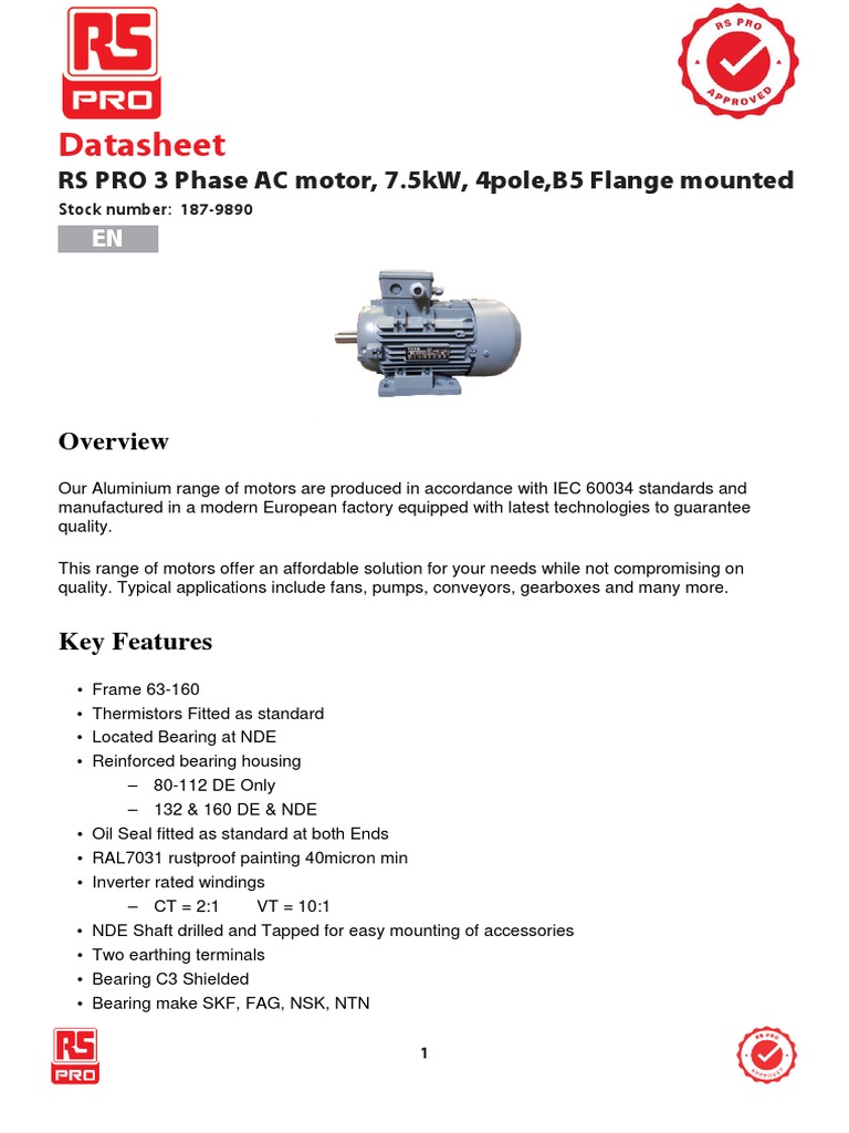 Datasheet: RS PRO 3 Phase AC Motor, 7.5kW, 4pole, B5 Flange Mounted ...