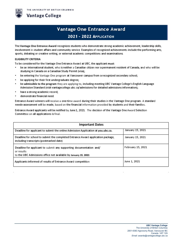 Vantage One Entrance Application 2021W (Fillable Form January 15 ...