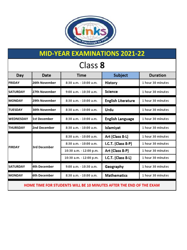 Class 8 Mid-Year Exam Schedule 2021-22 | PDF