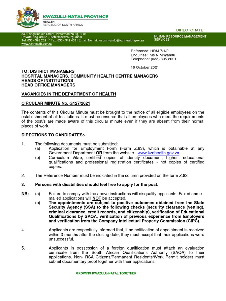 KZN Health Vacancies - Apply by 12 Nov 2021 | PDF | Security Clearance ...