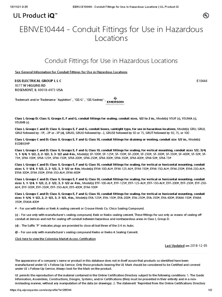 EBNV.E10444 - Conduit Fittings For Use in Hazardous Locations - UL ...