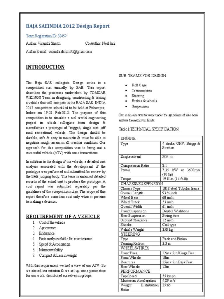 Baja Saeindia 2012 Design Report | PDF | Transmission (Mechanics ...