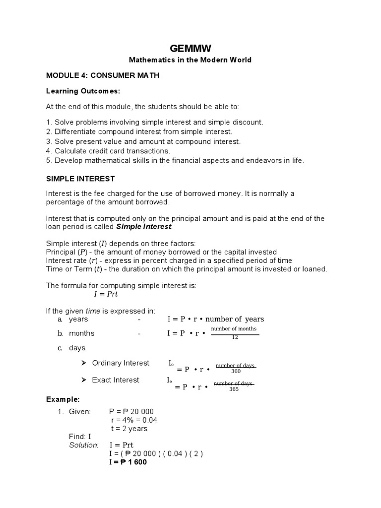 Gemmw: Mathematics in The Modern World Module 4: Consumer Math Learning ...