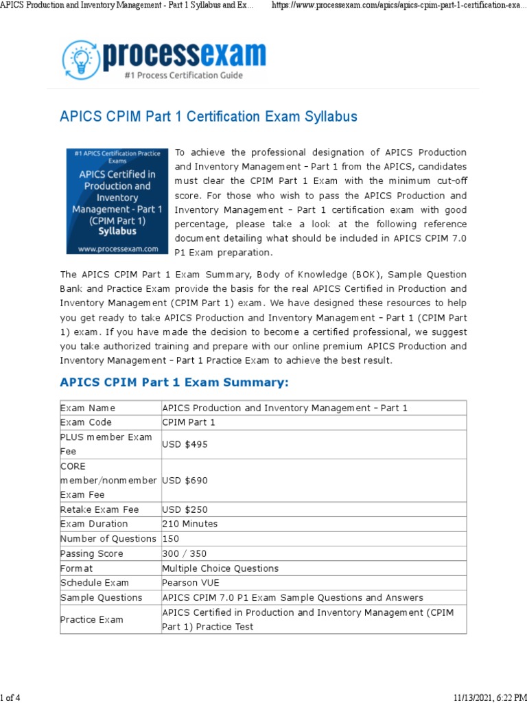 Apics Cpim Part 1 Certification Sylalbus | PDF | Supply Chain | Inventory