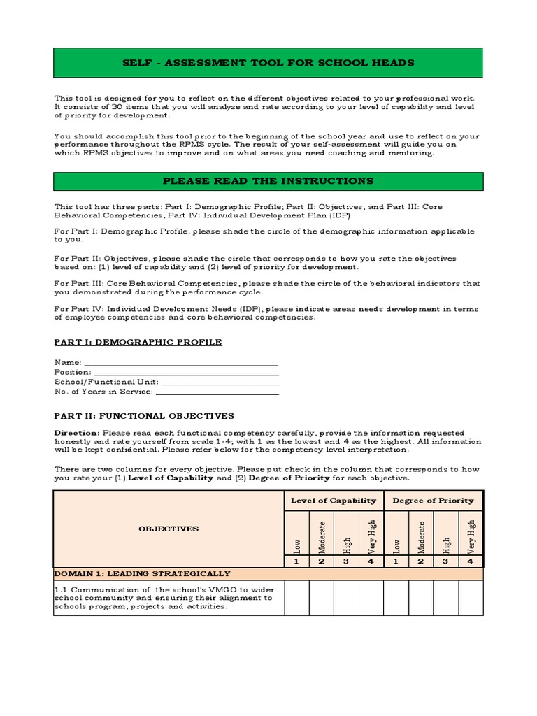 Self - Assessment Tool For School Heads: Part I: Demographic Profile ...