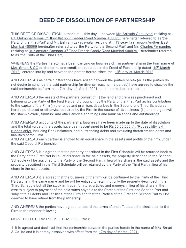 Partnership Dissolution Deed Template | PDF | Partnership | Taxes