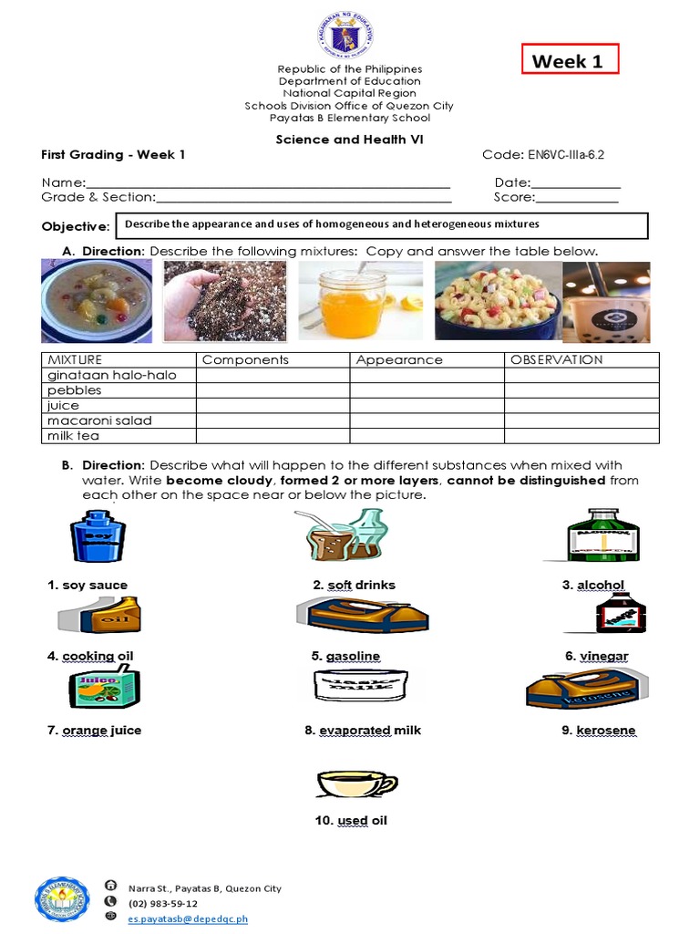 Science 6 Worksheet Week1 4 | PDF | Solution | Mixture