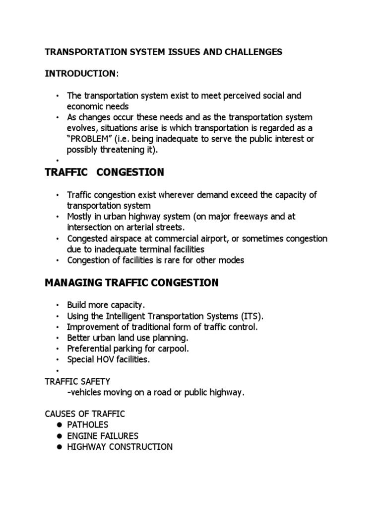 Traffic Congestion: Transportation System Issues and Challenges | PDF ...