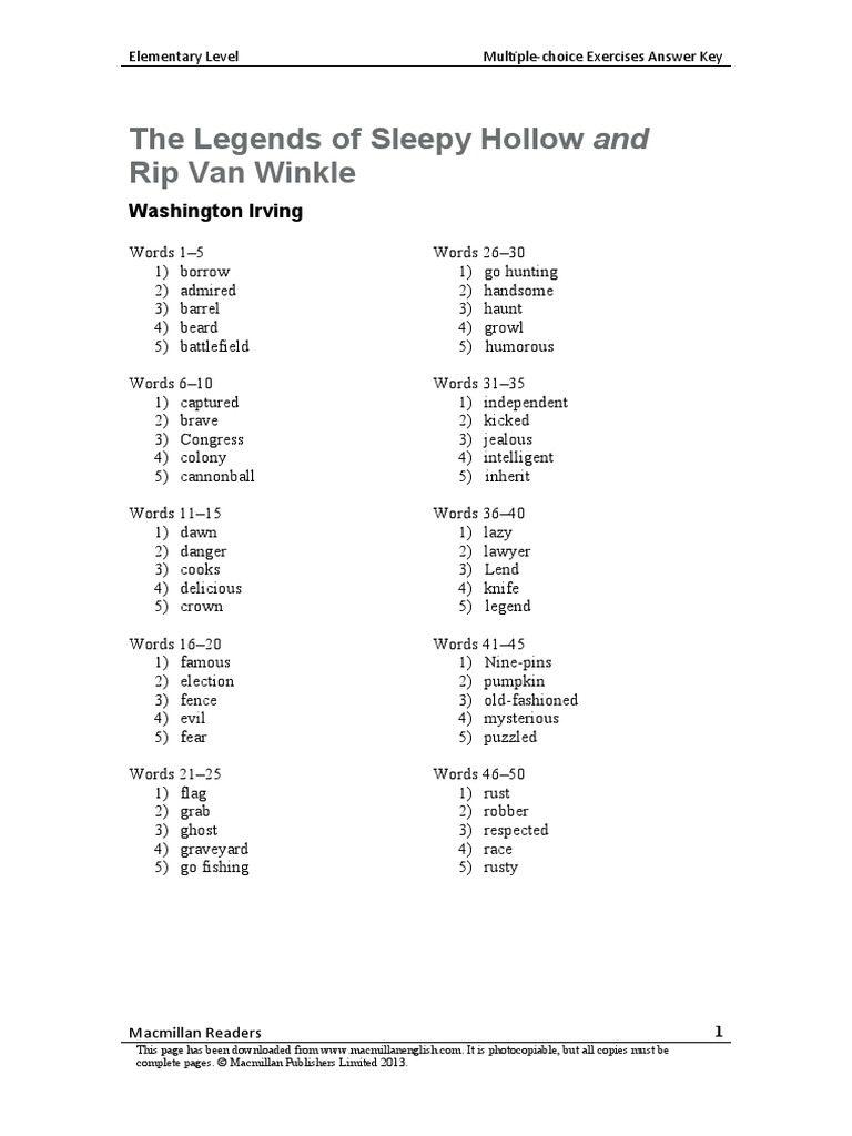 The Legends of Sleepy Hollow Wordlist Answer Key | PDF | The Legend Of ...