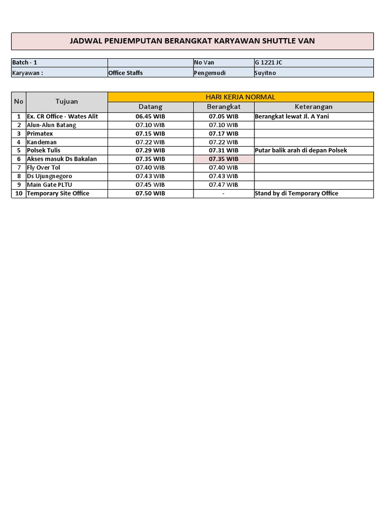 Jadwal Shuttle Karyawan | PDF