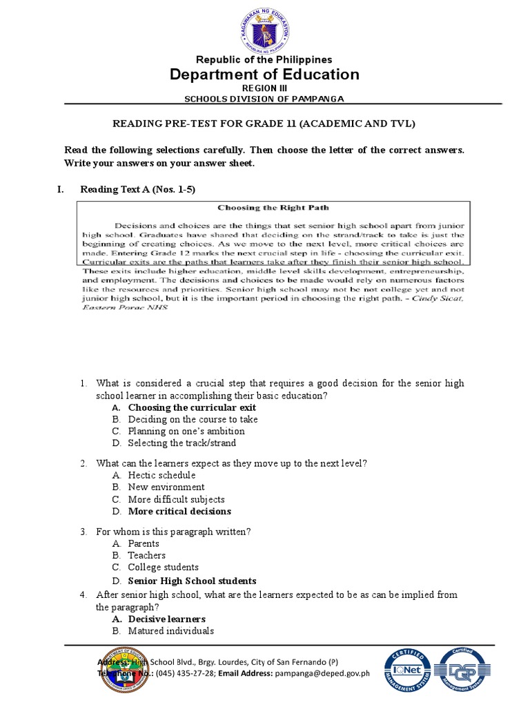 Grade 11 Reading Pre-Test Assessment | PDF | Grit (Personality Trait ...
