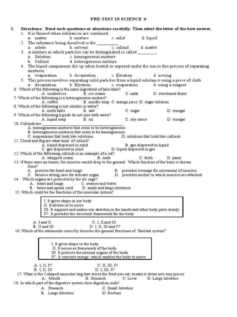 Science Grade Six Pretest | PDF | Human Body | Mixture