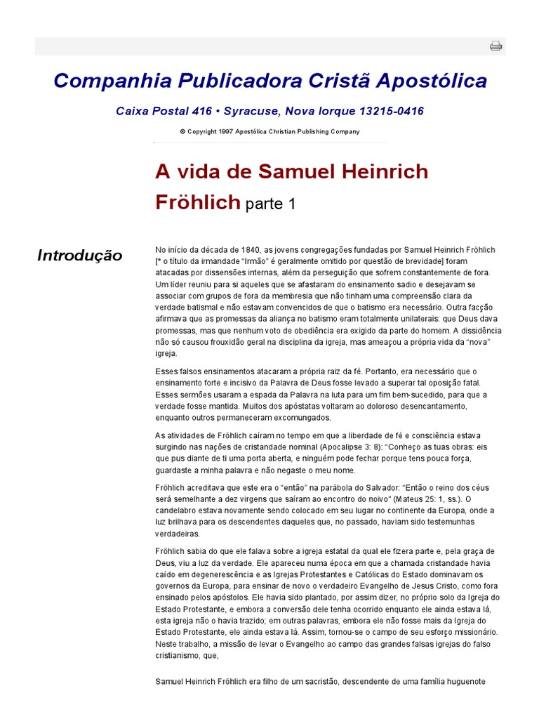 A Vida de Samuel Heinrich Fröhlich | PDF | Jesus | Igreja católica